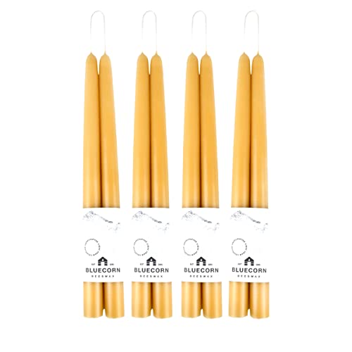 Bluecorn Beeswax 100% Pure Beeswax Taper Candles | Natural Beeswax Candles, Yellow Unscented Tapered Candles | Soy, Paraffin, & Fragrance Free | 10 Inch Candles, Bulk 8-Pack | Handmade in Colorado