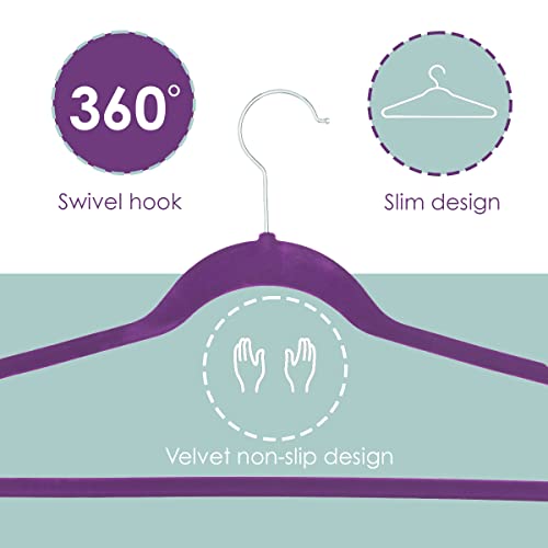 Sunbeam Slip-Proof Snag-Free Ultra Slim Velvet Hanger with Rotating Steel Hook (Pack of 10) (PURPLE)