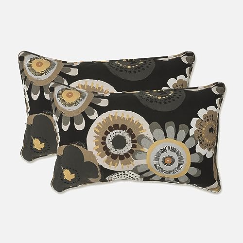 Pillow Perfect Floral Outdoor Throw Accent Pillow, Plush Fill, Weather, and Fade Resistant, Small Lumbar - 11.5" x 18.5", Black/Yellow Crosby, 2 Count