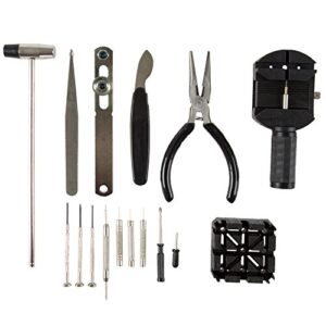 stalwart - 75-wrtk16 16 piece watch repair kit- diy tool set for repairing watches includes screwdrivers, spring bar remover, tweezers, link remover and more black, silver