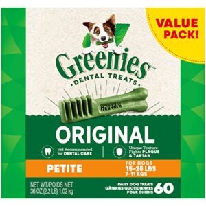 greenies original petite natural dog dental care chews oral health dog treats, 36 oz. pack (60 treats)