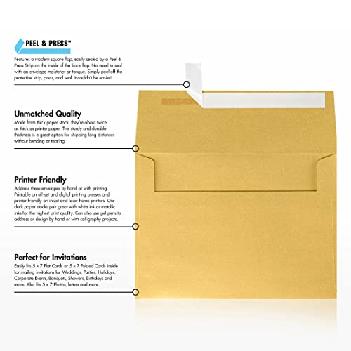 LUXPaper A7 Invitation Envelopes | Peel & Press | 5 1/4" x 7 1/4" | Gold Metallic | 80lb. Text | 50 Qty