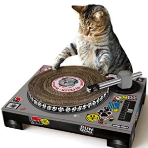 Suck UK Cat Scratcher, Scratching Post, Spinning Cardboard DJ Deck Interactive Toys / Alternative Accessories For Cat & Kitten Owners, Indoor Cat Gifts & Supplies