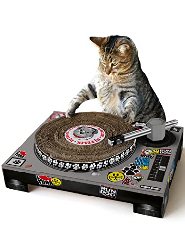 Suck UK Cat Scratcher, Scratching Post, Spinning Cardboard DJ Deck Interactive Toys / Alternative Accessories For Cat & Kitten Owners, Indoor Cat Gifts & Supplies