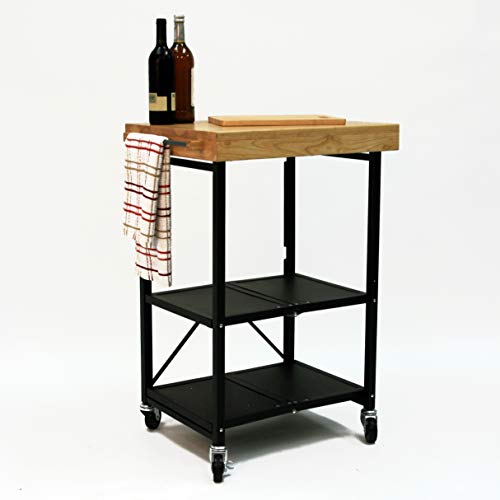 Origami Folding Kitchen Cart on Wheels | for Chefs Outdoor Coffee Wine and Food, Microwave Cart, Kitchen Island on Wheels, Rolling Cart, Kitchen Appliance & Utility Cart | Black with Wood -RBT-03