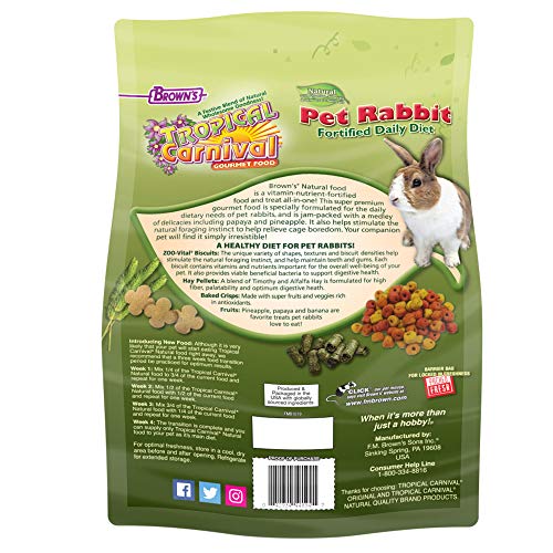 F.M. Brown's Tropical Carnival Natural Rabbit Food, 4-lb Bag - Vitamin-Nutrient Fortified Daily Diet with High Fiber Timothy Hay and Alfalfa Pellets for Optimum Digestion