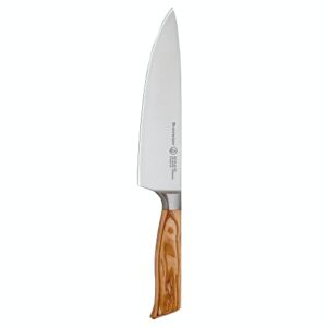 messermeister oliva elite stealth 8” chef’s knife - fine german steel alloy blade & natural mediterranean olive wood handle - rust resistant & easy to maintain