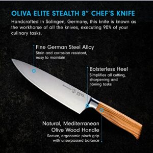 Messermeister Oliva Elite Stealth 8” Chef’s Knife - Fine German Steel Alloy Blade & Natural Mediterranean Olive Wood Handle - Rust Resistant & Easy to Maintain