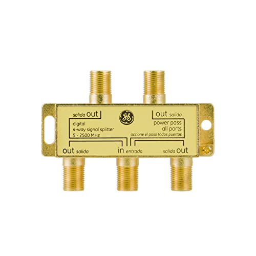 GE Digital 4-Way Coaxial Cable Splitter, 2.5 GHz 5-2500 MHz, RG6 Compatible, Works with HD TV, Satellite, High Speed Internet, Amplifier, Antenna, Gold Plated Connectors, Corrosion Resistant, 33527