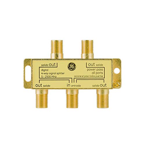 GE Digital 4-Way Coaxial Cable Splitter, 2.5 GHz 5-2500 MHz, RG6 Compatible, Works with HD TV, Satellite, High Speed Internet, Amplifier, Antenna, Gold Plated Connectors, Corrosion Resistant, 33527