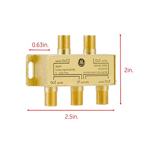 GE Digital 4-Way Coaxial Cable Splitter, 2.5 GHz 5-2500 MHz, RG6 Compatible, Works with HD TV, Satellite, High Speed Internet, Amplifier, Antenna, Gold Plated Connectors, Corrosion Resistant, 33527