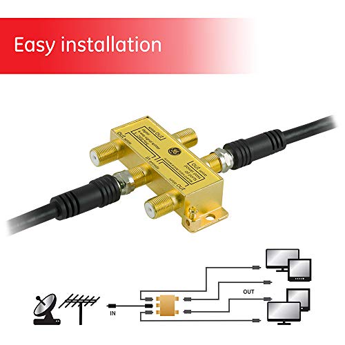 GE Digital 4-Way Coaxial Cable Splitter, 2.5 GHz 5-2500 MHz, RG6 Compatible, Works with HD TV, Satellite, High Speed Internet, Amplifier, Antenna, Gold Plated Connectors, Corrosion Resistant, 33527