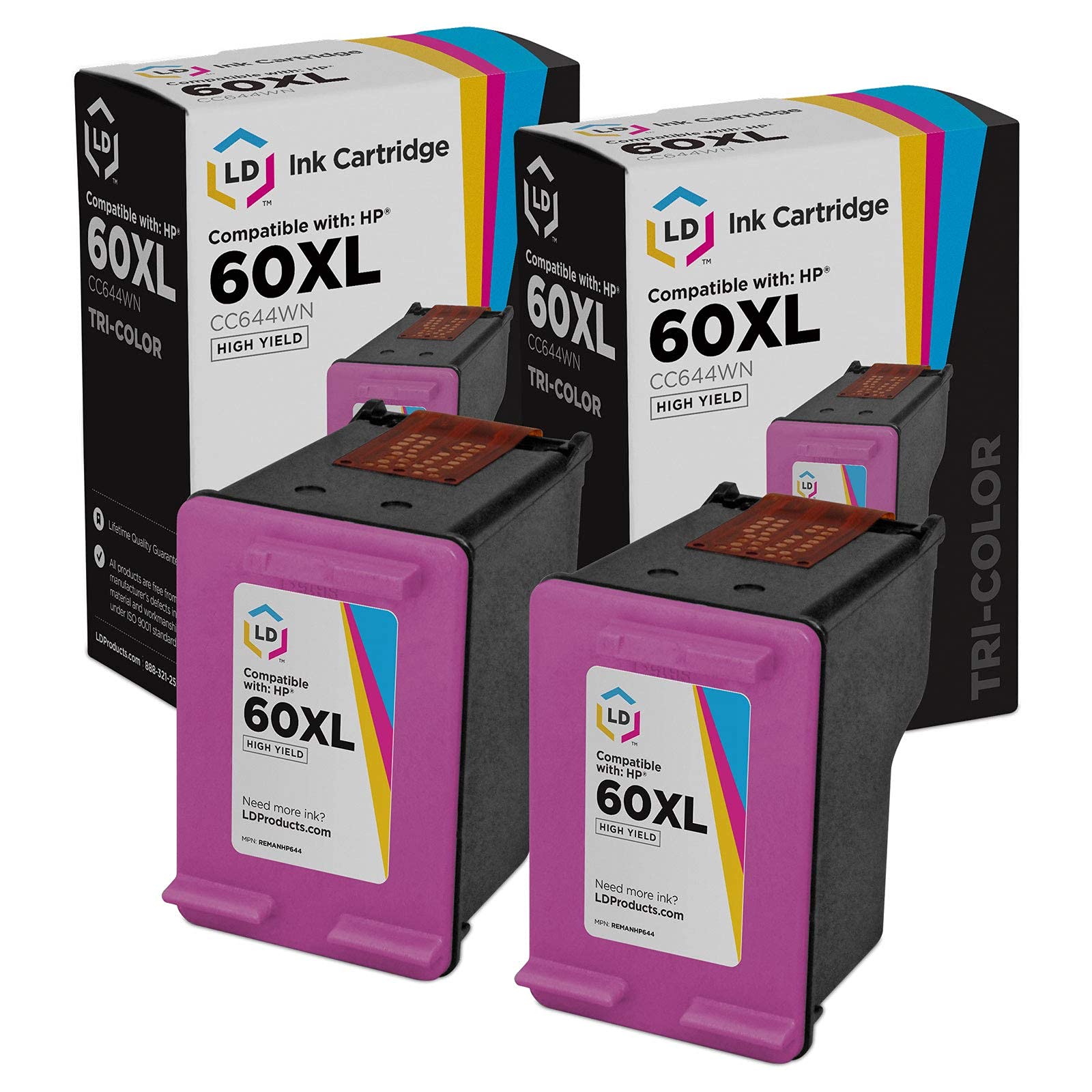 LD Remanufactured Ink Cartridge Replacement for HP 60XL CC644WN High Yield (Color, 2-Pack)