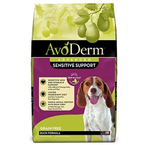 avoderm advanced sensitive support grain-free duck formula dog food, sensitive stomach, 22lb