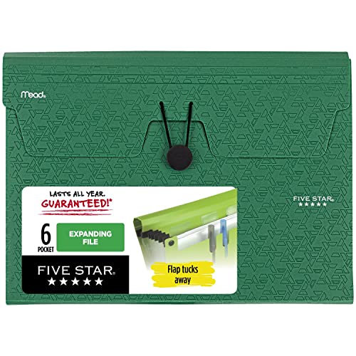 Five Star 6 Pocket Expanding File Organizer, Plastic Expandable File Folders with Pockets and Tab Inserts, Holds 11" x 8-1/2", Bungee Closure, Green, Color Will Vary (72925)