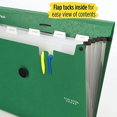 Five Star 6 Pocket Expanding File Organizer, Plastic Expandable File Folders with Pockets and Tab Inserts, Holds 11" x 8-1/2", Bungee Closure, Green, Color Will Vary (72925)