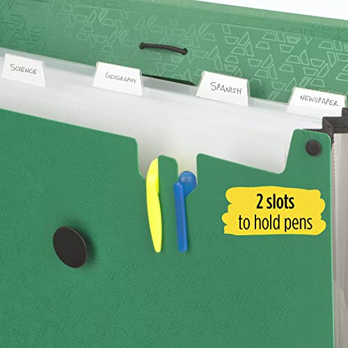 Five Star 6 Pocket Expanding File Organizer, Plastic Expandable File Folders with Pockets and Tab Inserts, Holds 11" x 8-1/2", Bungee Closure, Green, Color Will Vary (72925)