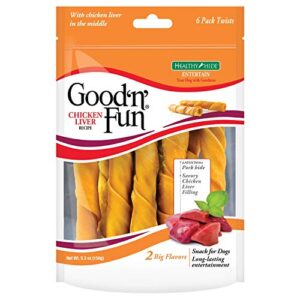 good'n'fun chicken liver twists, dog chew sticks, premium pork hide and chicken liver inside, 6 count