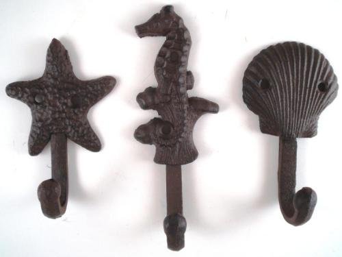 Lighthouse Dolphin Anchor Starfish Seahorse Shell Cast Iron Nautical Hooks Set