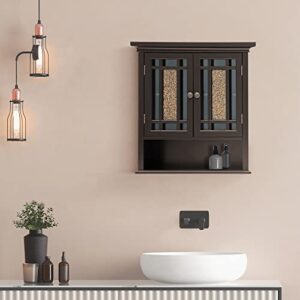 Teamson Home Windsor Over The Toilet Removable Wall Medicine Cabinet with 1 Fixed and 1 Adjustable Shelves 3 Storage Spaces 2 Glass Mosaic Doors and Rubbed Bronze-Finished Knobs, Dark Espresso