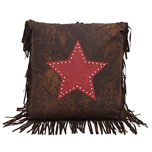 Paseo Road by HiEnd Accents | Cheyenne Western Fringed Star Decorative Pillow, 18x18 inch, Brown and Red Tooled Faux Leather Rustic Cabin Throw Accent Pillow