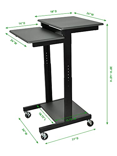 Luxor Adjustable Height Multipurpose Lightweight Rolling Presentation Workstation with 3 Shelves - Black, Perfect for School, Classroom, Office and More