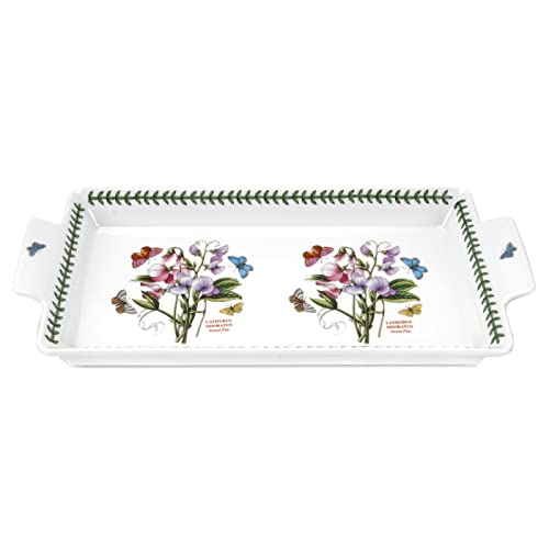 Portmeirion Botanic Garden Handled Sandwich Tray | 14.75 Inch Serving Tray with Sweet Pea Design | Made from Porcelain | Microwave and Dishwasher Safe