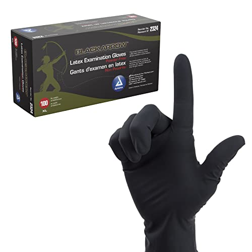 Dynarex Black Arrow Disposable Latex Exam Gloves, Powder-Free, Used in Healthcare and Professional Settings, Law Enforcement, Tattoo, Salon or Spa, Black, Extra-Large, 1 Box of 100 Gloves