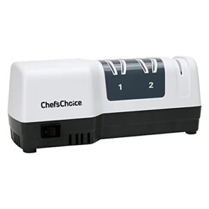 chef'schoice hybrid knife diamond abrasives, combines electric and manual sharpening for 20 degree straight edge and serrated knives, 3-stage, white