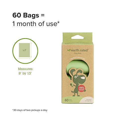 Earth Rated Compostable Dog Poop Bags, Ultra Thick and Leak Proof Dog Waste Bags, Unscented, 60 Count