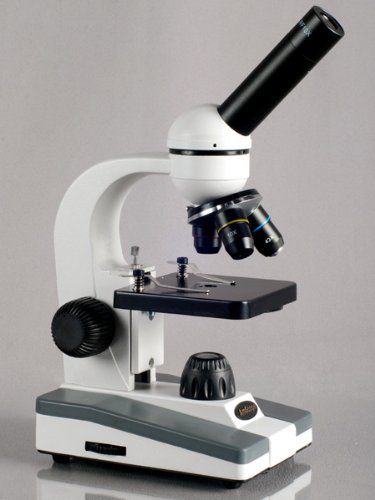 AmScope M148C-E Compound Monocular Microscope, WF10x and WF25x Eyepieces, 40x-1000x Magnification, LED Illumination, Brightfield, Single-Lens Condenser, Plain Stage, 110V or Battery-Powered, Includes 0.3MP Camera and Software