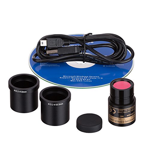 AmScope M148C-E Compound Monocular Microscope, WF10x and WF25x Eyepieces, 40x-1000x Magnification, LED Illumination, Brightfield, Single-Lens Condenser, Plain Stage, 110V or Battery-Powered, Includes 0.3MP Camera and Software