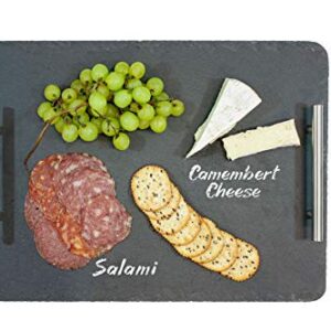 Oenophilia Slate Cheese Board with Stainless Steel Handles, Charcuterie Platter Serving Board Tray for Cheese, Crackers, and Meat