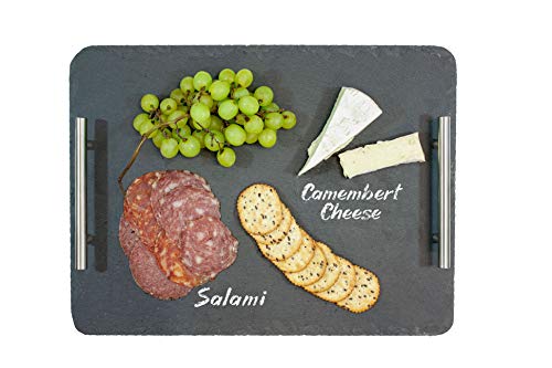 Oenophilia Slate Cheese Board with Stainless Steel Handles, Charcuterie Platter Serving Board Tray for Cheese, Crackers, and Meat