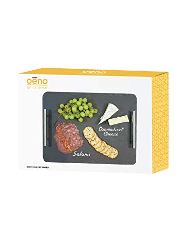 Oenophilia Slate Cheese Board with Stainless Steel Handles, Charcuterie Platter Serving Board Tray for Cheese, Crackers, and Meat