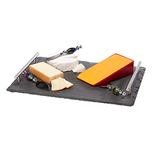 Oenophilia Slate Cheese Board with Stainless Steel Handles, Charcuterie Platter Serving Board Tray for Cheese, Crackers, and Meat