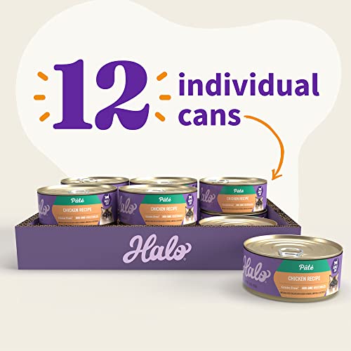 Halo Adult Grain Free Wet Cat Food Pate, Chicken Recipe, Healthy Cat Food with Real, Whole Chicken, 5.5 oz Can (Pack of 12)