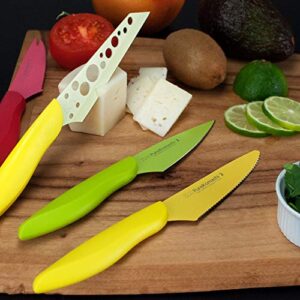 Kai Pure Komachi 2 / 4.5" Cheese Knife with Sheath, Colorful Knife, Swiss-Cheese-Holes in Blade Prevent Sticking, Fun Cheese Knives