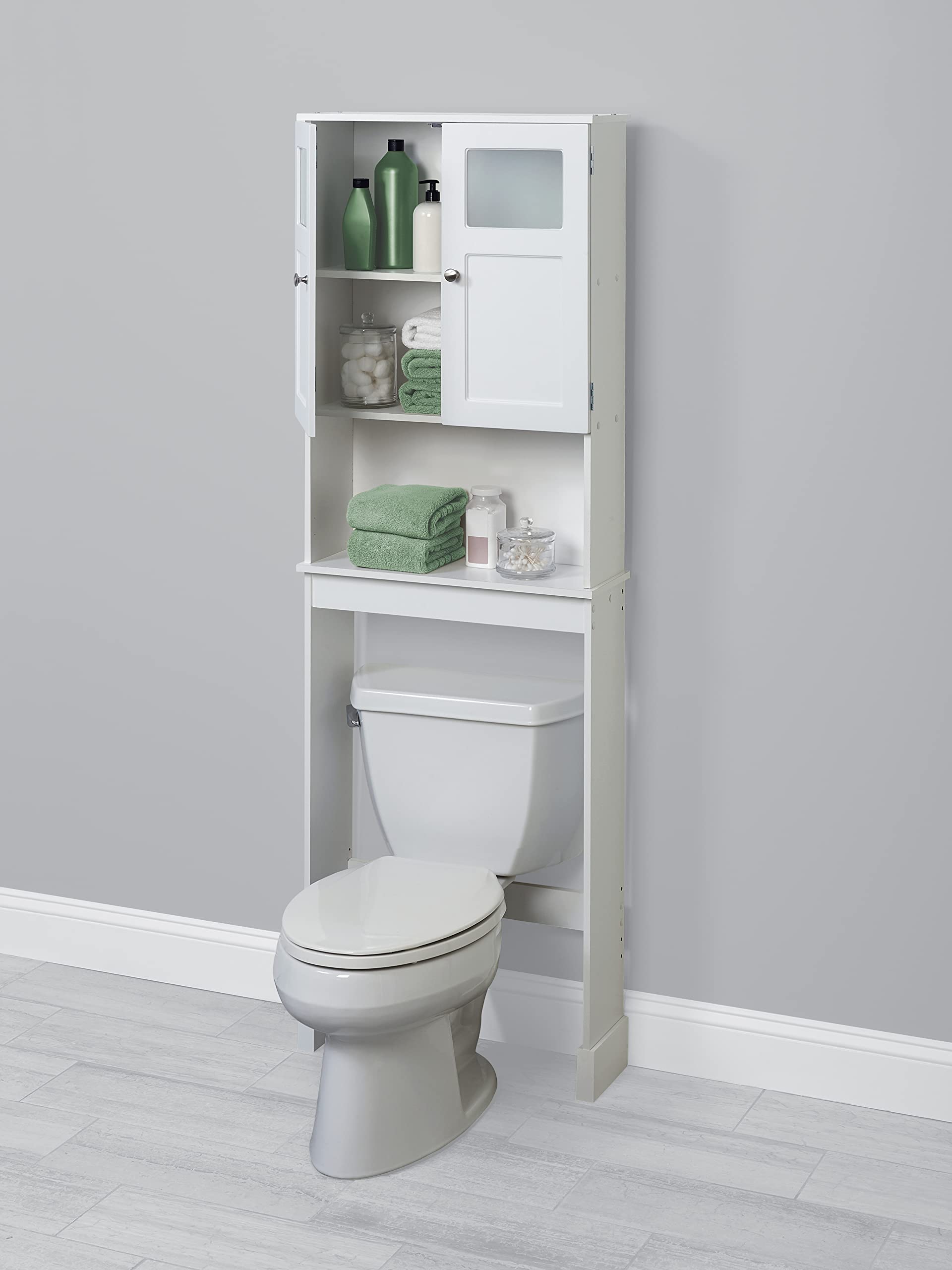 Zenna Home Over-the-Toilet Spacesaver, with 2 Glass Doors, Bathroom Storage, Espresso, White