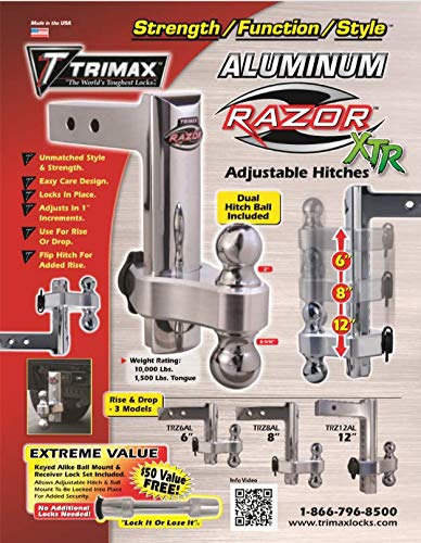 Trimax TRZ8AL 8" Premium Aluminum Adjustable Hitch with Dual Hitch Ball and T5 Receiver Lock, Polished Aluminum