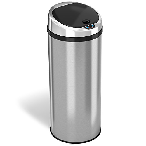 iTouchless 13 Gallon Sensor Garbage Can with AbsorbX Odor Control System, Stainless Steel, Round Touchless Automatic Trash Bin for Kitchen and Office