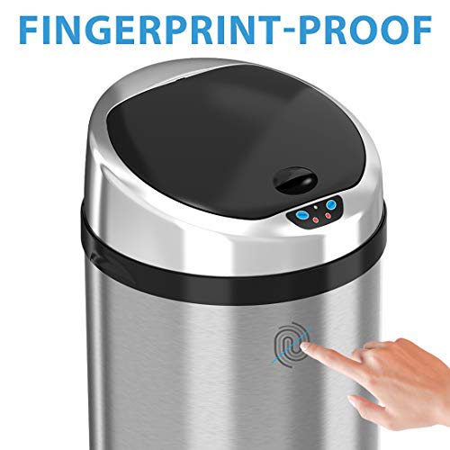 iTouchless 13 Gallon Sensor Garbage Can with AbsorbX Odor Control System, Stainless Steel, Round Touchless Automatic Trash Bin for Kitchen and Office