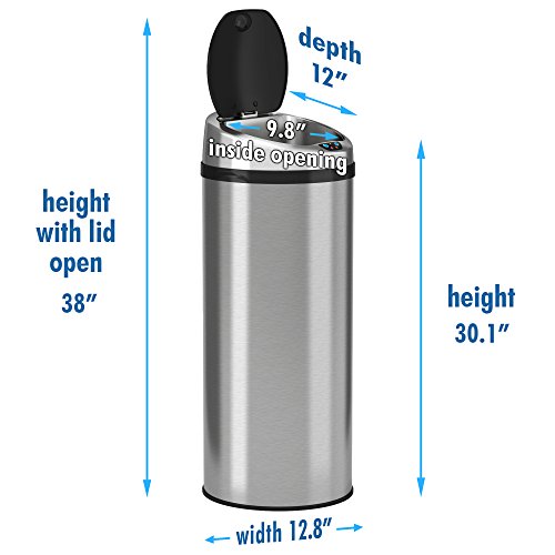 iTouchless 13 Gallon Sensor Garbage Can with AbsorbX Odor Control System, Stainless Steel, Round Touchless Automatic Trash Bin for Kitchen and Office