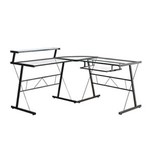 monarch specialties computer desk l-shaped corner workstation tempered glass top with shelf keyboard trey-metal legs, 57" l, black frame