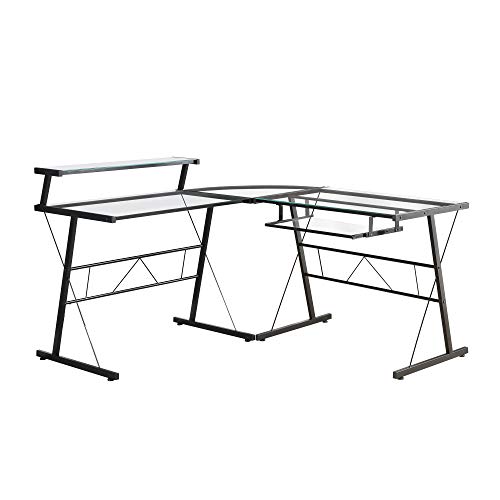 Monarch Specialties Computer Desk L-Shaped Corner Workstation Tempered Glass Top with Shelf Keyboard Trey-Metal Legs, 57" L, Black Frame