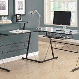 Monarch Specialties Computer Desk L-Shaped Corner Workstation Tempered Glass Top with Shelf Keyboard Trey-Metal Legs, 57" L, Black Frame