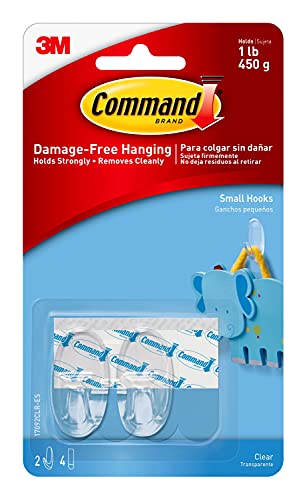 Command Small , Damage Free Hanging Wall Hooks with Adhesive Strips, No Tools Wall Hooks for Hanging Decorations in Living Spaces, 2 Clear Wall Hooks and 4 Command Strips