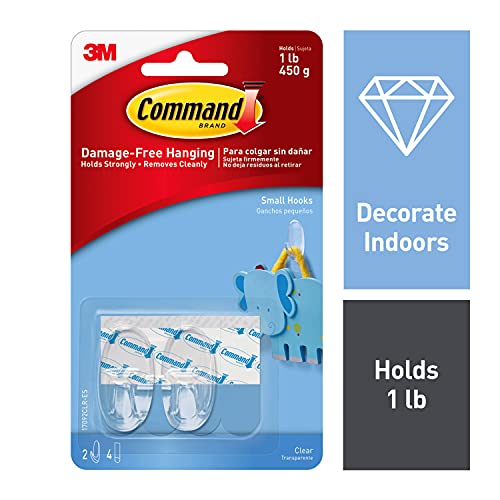 Command Small , Damage Free Hanging Wall Hooks with Adhesive Strips, No Tools Wall Hooks for Hanging Decorations in Living Spaces, 2 Clear Wall Hooks and 4 Command Strips