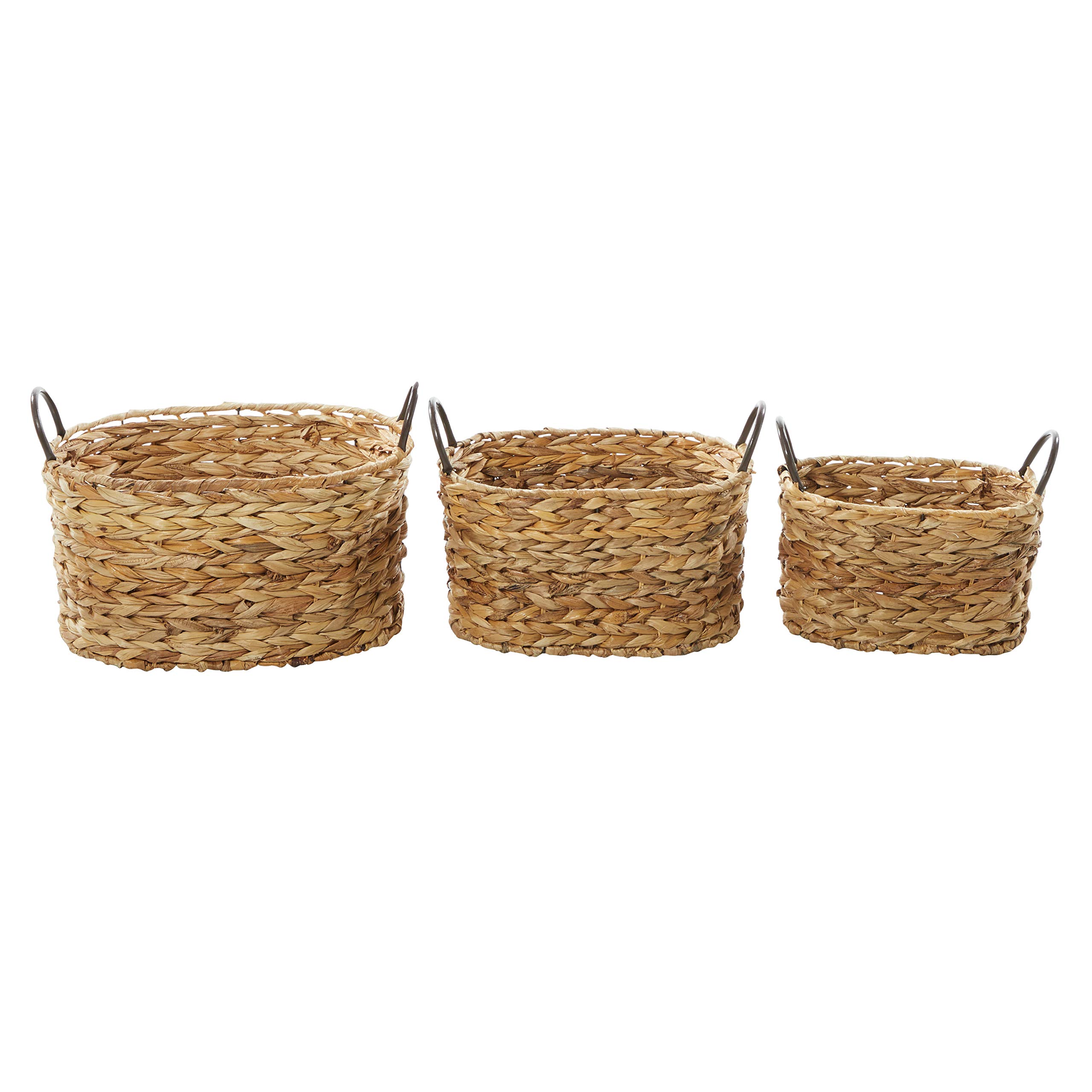 Deco 79 Metal Oval Storage Basket with Metal Handles, Set of 3 16", 13", 11"W, Brown