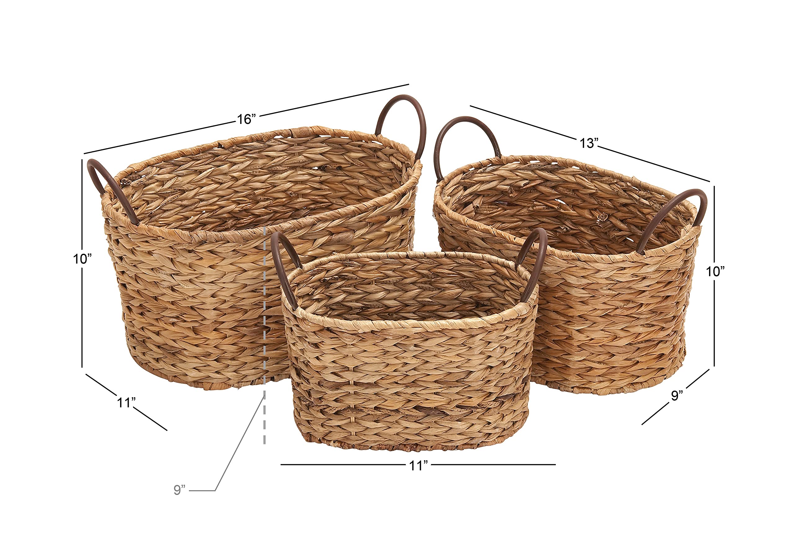 Deco 79 Metal Oval Storage Basket with Metal Handles, Set of 3 16", 13", 11"W, Brown